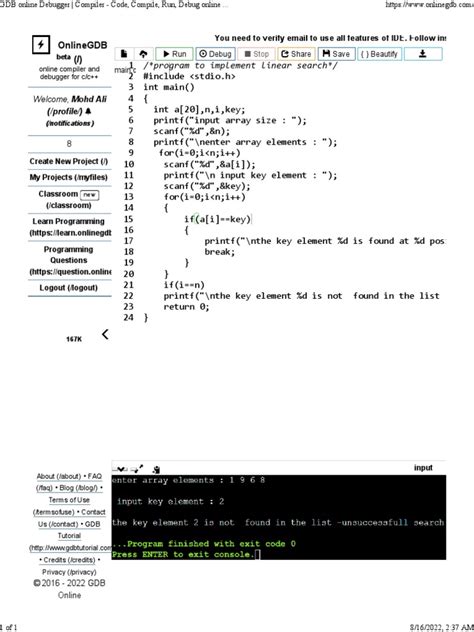 Onlinegdb Program To Implement Linear Search Pdf Computer