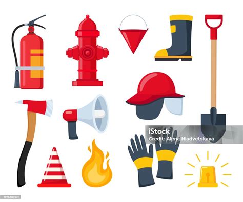 소방관 비상 장비 세트 도끼 호스 소화전 소화기 안전 교통 콘 삽 소방관 도구 화염 확산으로부터 보호하기 위한 휴대용 소방관 장비 벡터 그림입니다 만화에 대한 스톡 벡터