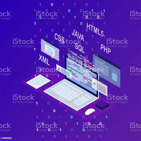 소프트웨어 개발 프로그래밍 언어 코딩 디지털 기술 등등 도면 노트북 컴퓨터 벡터 설계 3차원 형태에 대한 스톡 벡터 아트 및 기타 이미지 Istock