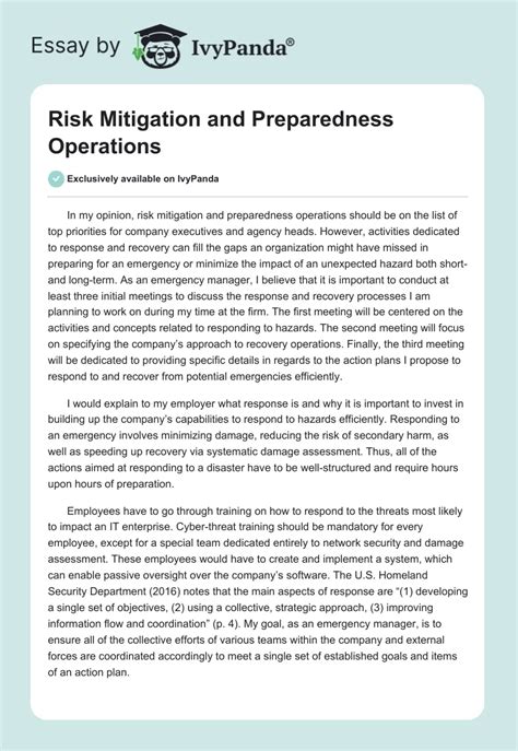 Risk Mitigation And Preparedness Operations 828 Words Essay Example Risk Mitigation And Preparedness Operations 828 Words Essay Example