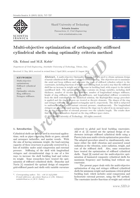 Pdf Multi Objective Optimization Of Orthogonally Stiffened Cylindrical Shells Using Optimality