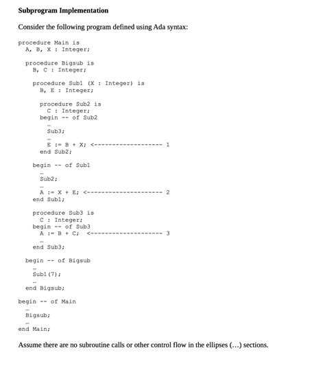 subprogram implementation consider the following