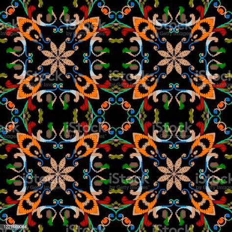 다채로운 질감의 꽃 벡터 원활한 패턴 태피스트리 장식 배경입니다 그런지 배경을 반복합니다 화려한 추상 장식자수 빈티지 자 수 꽃 나뭇잎 끝없는 질감 0명에 대한 스톡 벡터