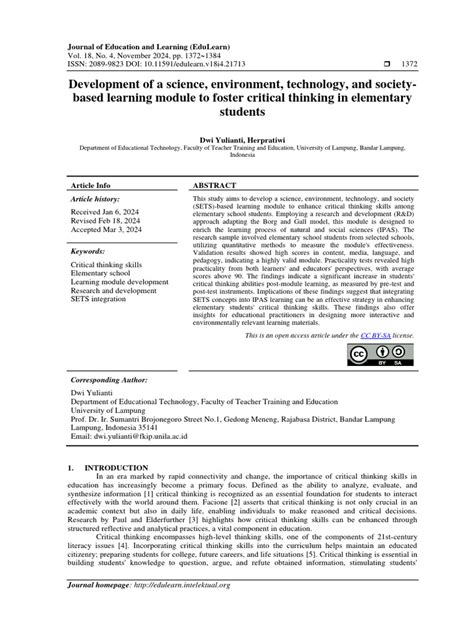 Development Of A Science Environment Technology And Society Based Learning Module To Foster