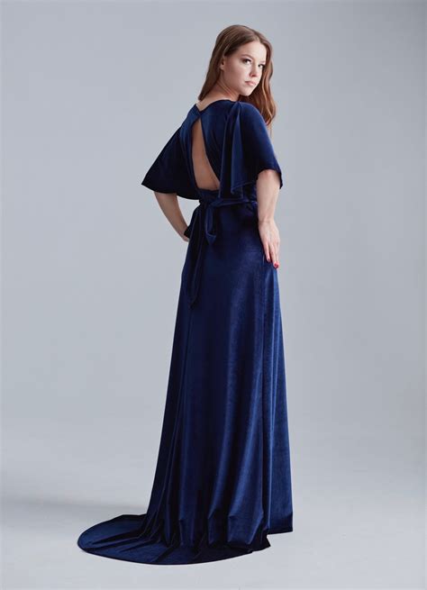 Dark Green Dress With Train Flutter Sleeve Velvet Dress Wrap Etsy Uk