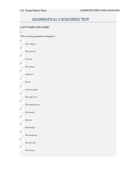Grammatical Categories Test 1st Pdf Adverb Grammatical Gender