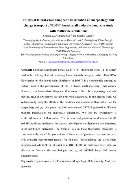 Pdf Effects Of Lateral Chain Thiophene Fluorination On Morphology And Charge Transport Of Bdt