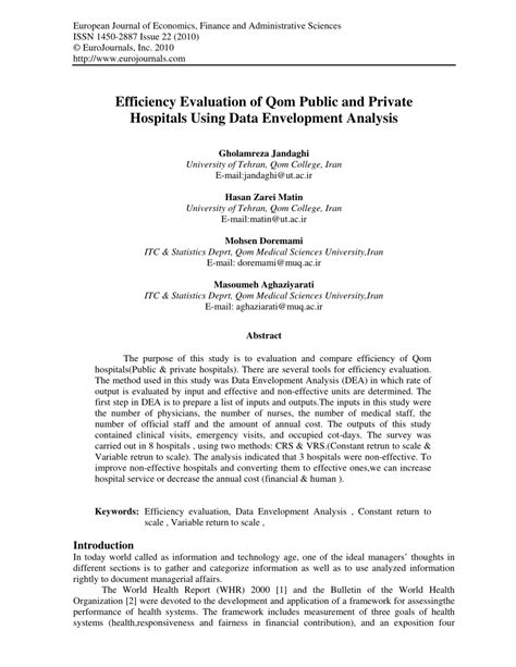 Pdf Efficiency Evaluation Of Qom Public And Private Hospitals Using Data Envelopment Analysis