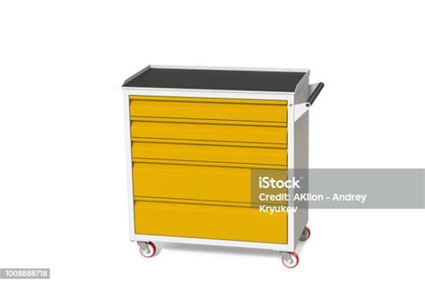 금속 도구 캐비닛 바퀴 서랍에 테이블 도구와 예비 부품을 저장 하기 위한 편리한 장소 서비스 차고 도구 상자입니다 테이블 위에서 촬영의 3 차원 모델 렌더링입니다 강철에