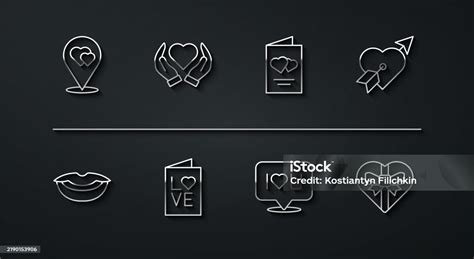 하트 웃는 입술 애정과 화살표 말풍선 텍스트 사랑해 발렌타인 데이 파티 전단지 하트 손 사탕 모양의 상자 및 아이콘으로 선 위치를 설정합니다 벡터 개념에 대한 스톡 벡터