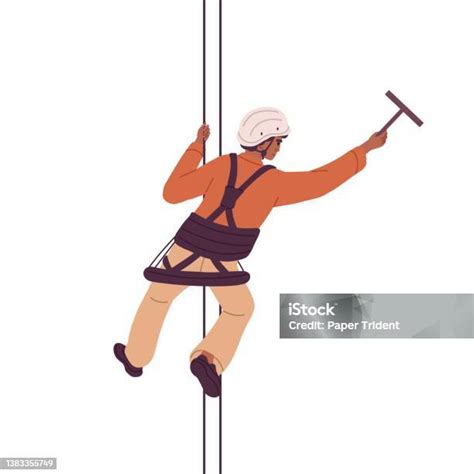 산업용 알피니스트는 높이에서 하네스에 매달려 있다 로프에 매달려 있는 고층 작업자 세척 청소 및 와이퍼로 건물을 연마합니다 흰색