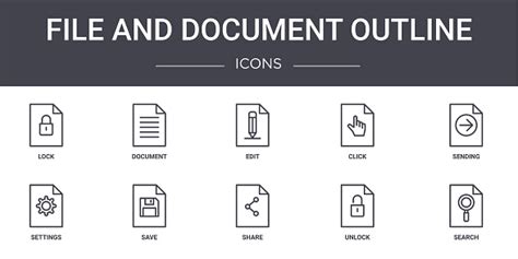 파일 및 문서 개요 개념 선 아이콘 세트입니다 문서 클릭 설정 공유 잠금 해제 검색 전송 편집 과 같은 웹 로고 Ui Ux에 사용할 수있는 아이콘이 포함되어 있습니다 날씬