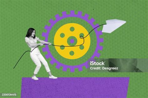 합성물 스케치 이미지 디자인 트렌드 삽화 콜라주 기어 메커니즘 아가씨 보류 잡아당기기 로프 종이 비행 관리자 시간 모집 사무실 20 24세에 대한 스톡 사진 및 기타 이미지