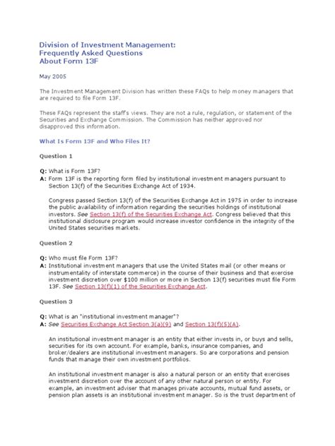 Division Of Investment Management Frequently Asked Questions About Form 13f Pdf Securities