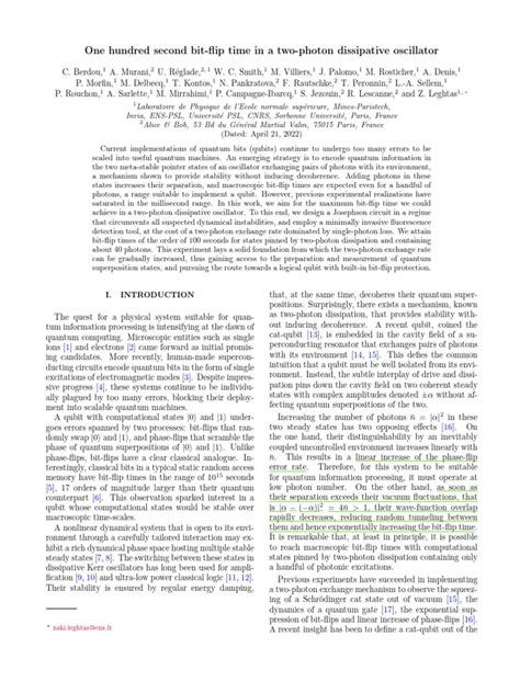 Berdou One Hundred Second Bit Flip Time In A Two Photon Dissipative Oscillator Pdf Photon