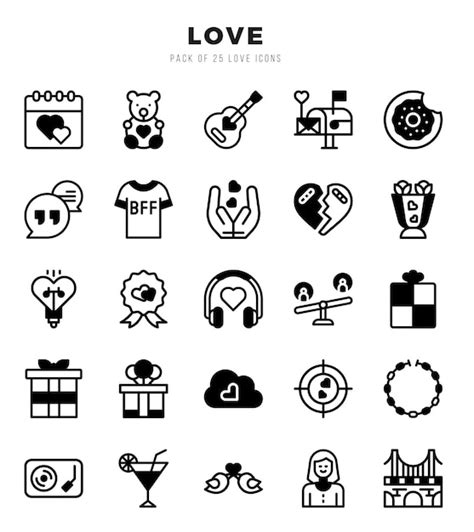 선형 채워진 사랑 아이콘 세트 선형 채운 미술 아이콘 터 일러스트레이션 프리미엄 벡터