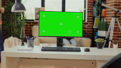 Empty Office Desk With Greenscreen Display On Computer Stock Footage