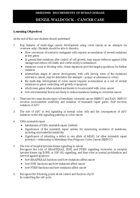 180925 Learning Objectives Cancer 2020 Mmed3933 Biochemistry Of Human Disease Denzil Waldcock