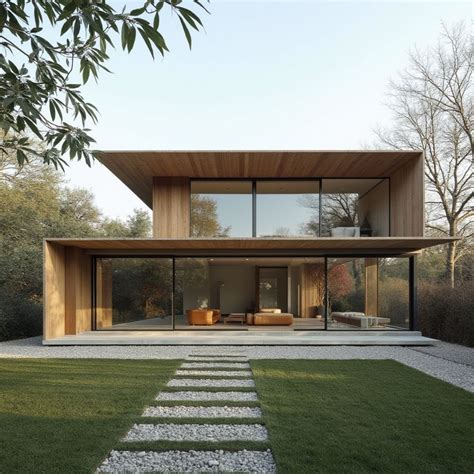 A Large Glass And Wood House Sits On The Grass Architecture House