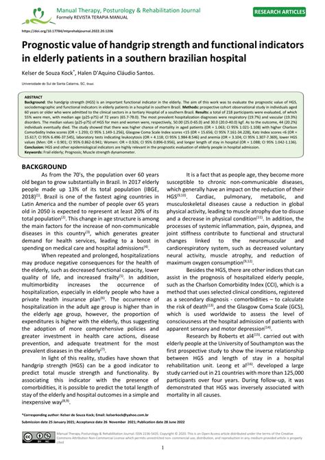 Pdf Prognostic Value Of Handgrip Strength And Functional Indicators In Elderly Patients In A