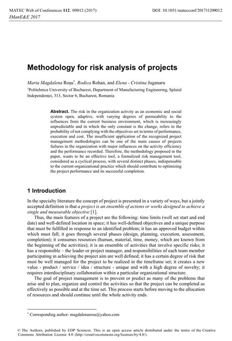 PDF Methodology For Risk Analysis Of Projects