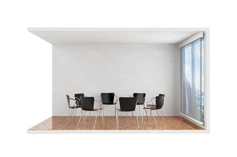 큰 창문과 나무 쪽모이 세공 마루 바닥이 있는 방 내부에서 치료 회복 회의를 위한 원형 의자 3d 렌더링 0명에 대한 스톡 사진 및 기타 이미지 Istock