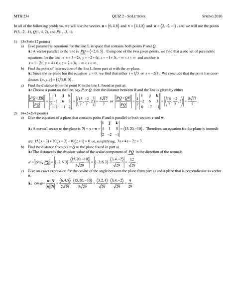 Quiz 2 Solutions Multivariable Calculus Mth 234 Docsity