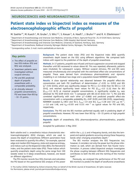 Pdf Patient State Index Vs Bispectral Index As Measures Of The Electroencephalographic Effects