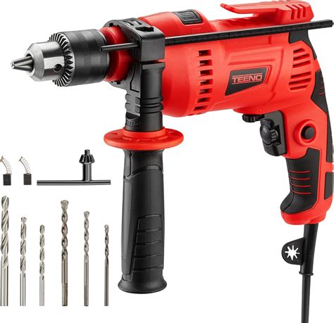 TEENO Corded Impact Drill 750W, 0-3000 RPM Electric Corded Impact Drill with 6 Accessories, 360 ...