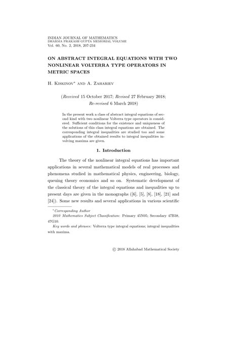 Pdf On Abstract Integral Equations With Two Nonlinear Volterra Type Operators In Metric Spaces