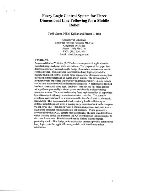 Pdf Fuzzy Logic Control System For Three Dimensional Line Following
