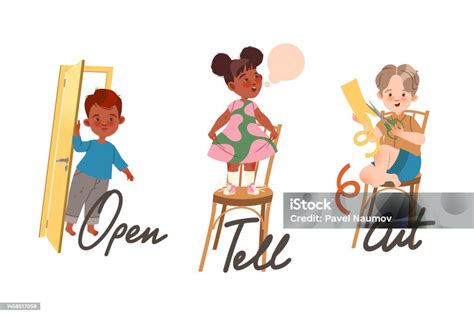 어린 소년과 소녀는 문을 열고 시를 말하고 어린이 교육 벡터 세트를 위한 행동을 표현하는 동사로 종이를 자르는 것입니다 시