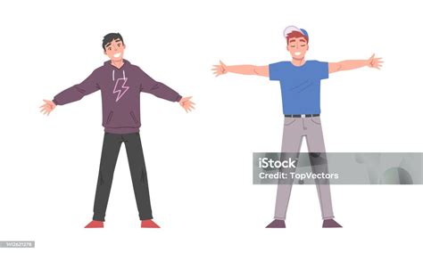 환영과 연대 제스처 벡터 세트로 넓은 팔을 벌려 서있는 쾌활한 청년 광대한에 대한 스톡 벡터 아트 및 기타 이미지 광대한 사람들 손 Istock