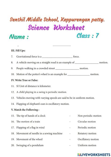 Senthil Middle School Keppurengan Patty Class 7 Science Worksheet