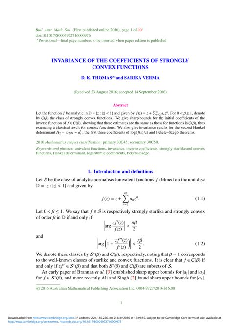Pdf Invariance Of The Coefficients Of Strongly Convex Functions