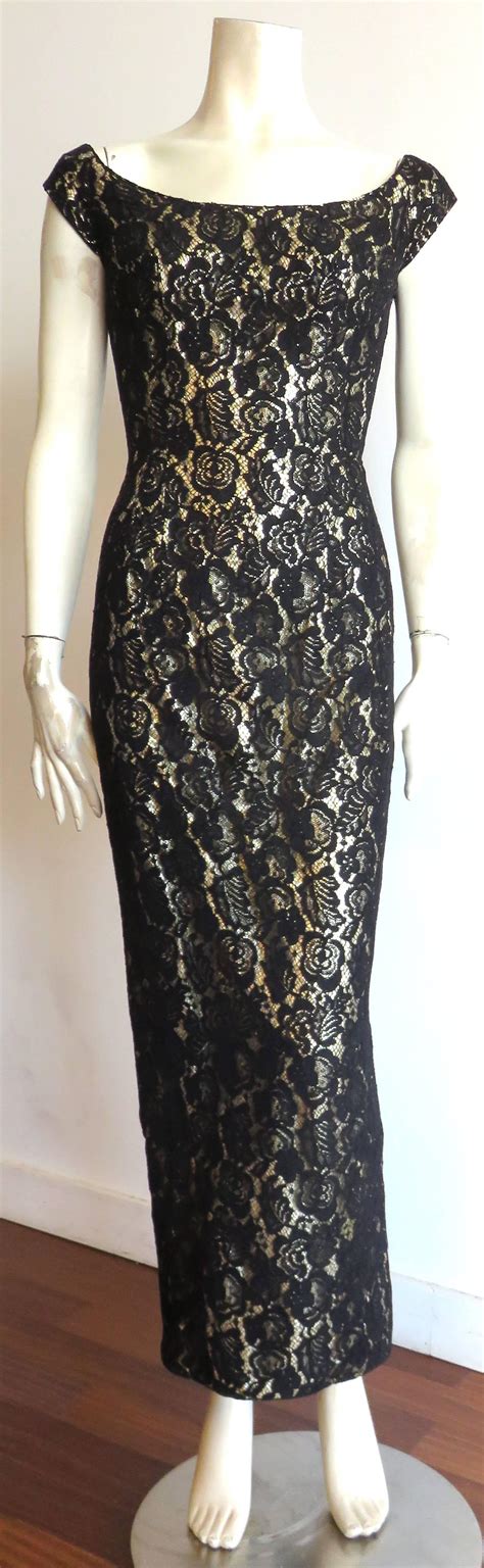 1960s Mr Blackwell Custom Gold Lame Black Lace Overlay Evening Dress