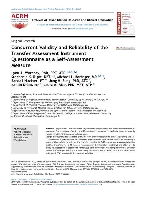 Pdf Concurrent Validity And Reliability Of The Transfer Assessment Instrument Questionnaire As