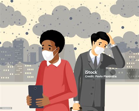 스모그 플랫 벡터 일러스트를 흡입 하는 사람들 산업 배출 Co2 부정적인 건강 영향 가스 폐기물과 오염 된 도시 유독한 오염물질로 고통받는 슬픈 남자 호흡 문제 0명에 대한