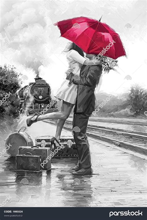 دیدار عاشقان نقاشی دختر و پسری در آغوش هم با چتر قرمز و منظره ایستگاه