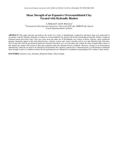 Pdf Shear Strength Of An Expansive Overconsolidated Clay Treated With Hydraulic Binders