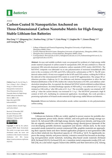 Pdf Carbon Coated Si Nanoparticles Anchored On Three Dimensional