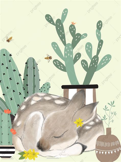 여름 서늘한 낮잠 사슴 삽화 일러스트 황색 배경 잠자는 사슴 선인장 일러스트 Pngtree 로열티 무료