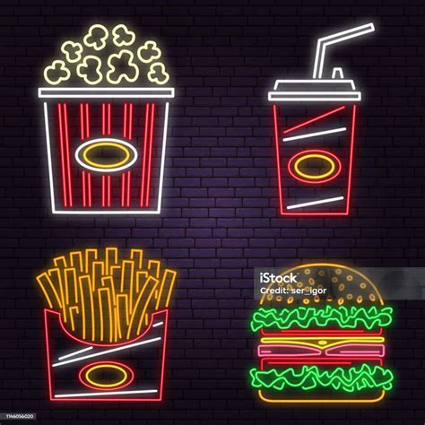 레트로 네온 버거 콜라 팝콘과 감자 튀김 벽돌 벽 배경에 로그인 합니다 카페에 대 한 디자인입니다 벡터 술집 또는 패스트 푸드 비즈니스를 위한 네온 디자인 빛 기호