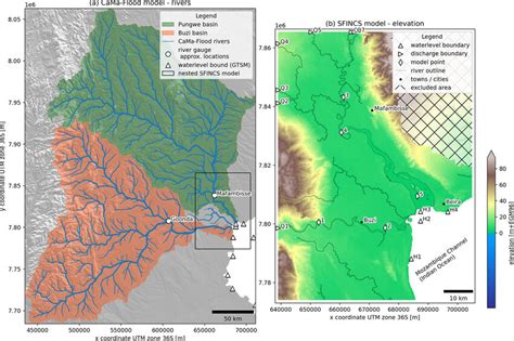 maps of a regional cutout of the global cama flood model a and the