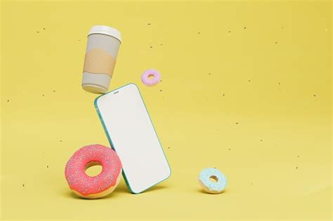 커피와 도넛에 대한 온라인 결제 스마트폰 노란색 배경에 커피와 도넛 한 잔 3d 렌더링 건강에 좋지 않은 음식에 대한 스톡 사진 및 기타 이미지 Istock