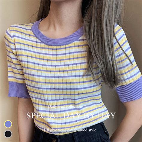 데일리나인 [무료배송]dn9ne 데일리 패턴 스트라이프 니트 반팔 여자 니트 티셔츠