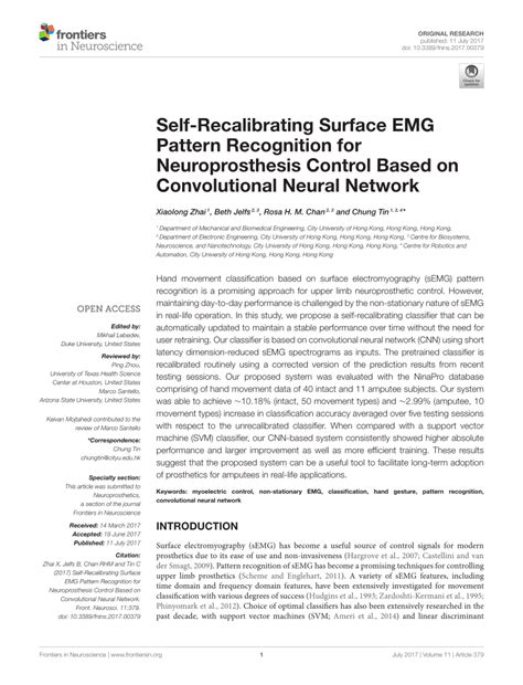 PDF Self Recalibrating Surface EMG Pattern Recognition For Neuroprosthesis Control Based On