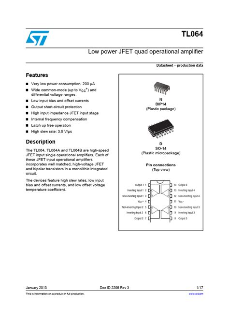 Tl064 Datasheet Tl064 Stmicroelectronics Pdf Low Power Jfet Quad Operational Amplifier