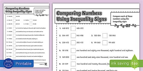 Comparing Numbers Using Inequality Signs Activity Sheet