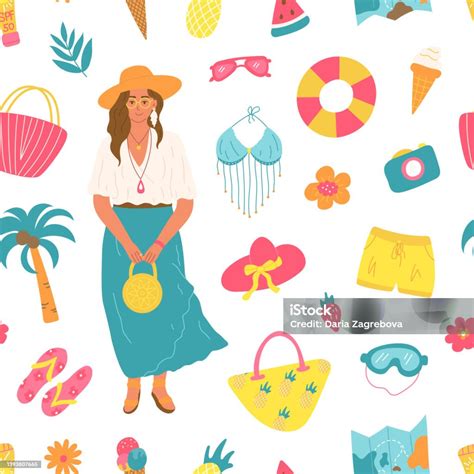 소녀 옷 야자수 과일 및 아이스크림과 여름 원활한 패턴 벡터 밝은 인쇄 가방에 대한 스톡 벡터 아트 및 기타 이미지 가방 개체 그룹 건강한 생활방식 Istock